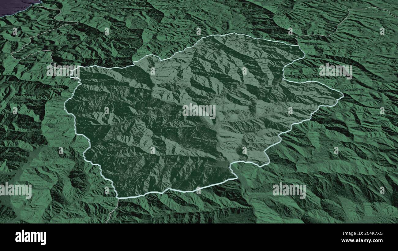 Zoom in on Punakha (district of Bhutan) outlined. Oblique perspective ...