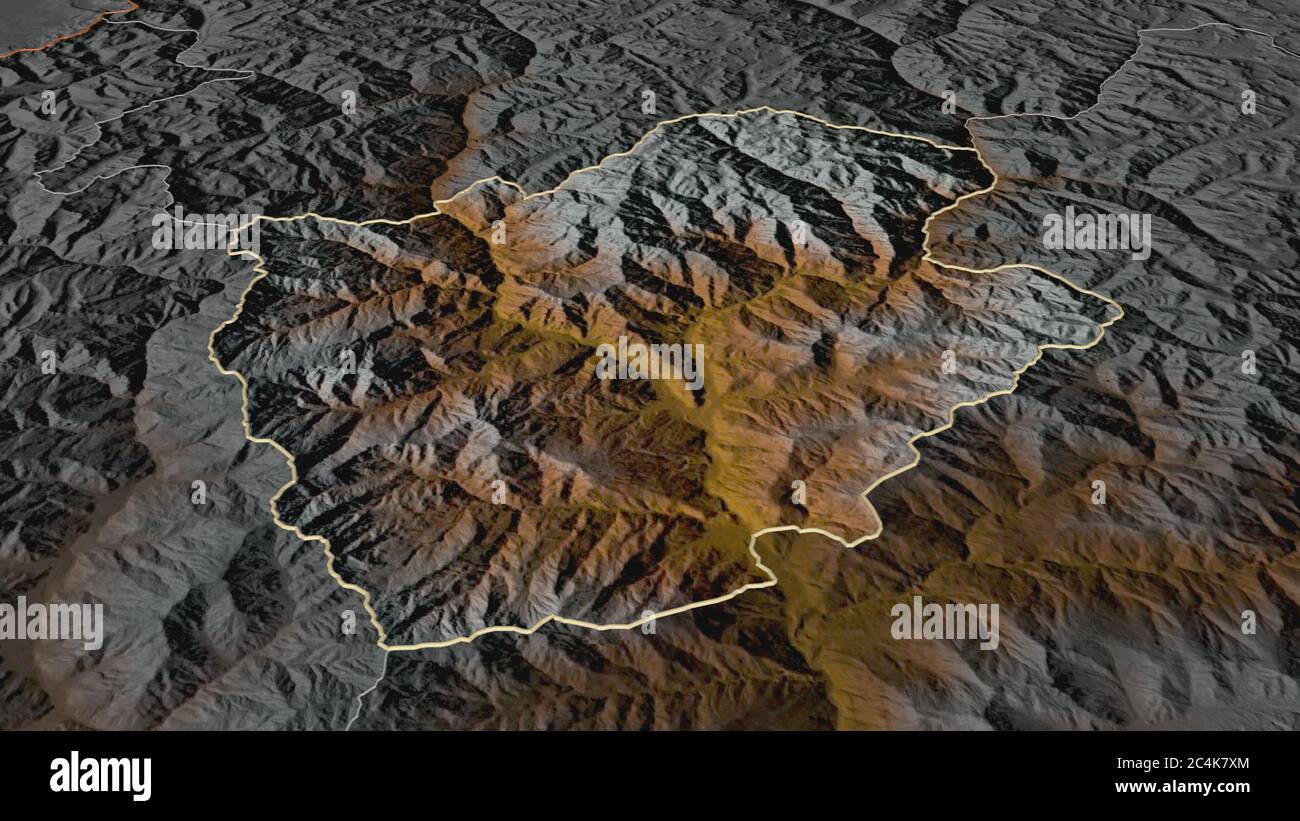 Zoom in on Punakha (district of Bhutan) outlined. Oblique perspective ...