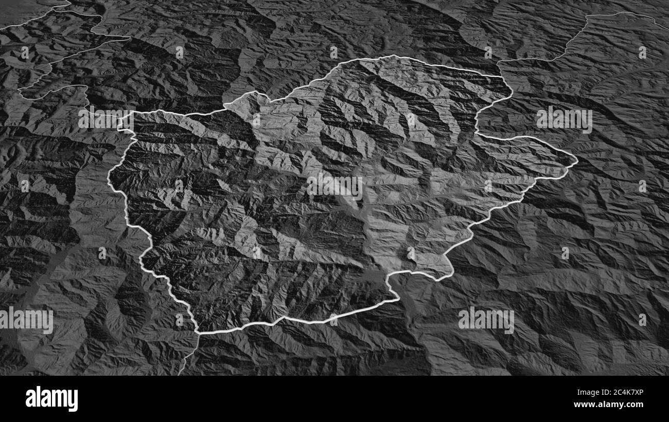 Zoom in on Punakha (district of Bhutan) outlined. Oblique perspective ...