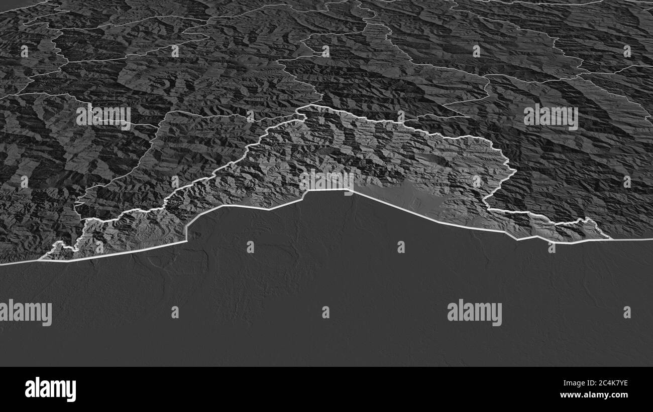 Zoom in on Sarpang (district of Bhutan) outlined. Oblique perspective ...