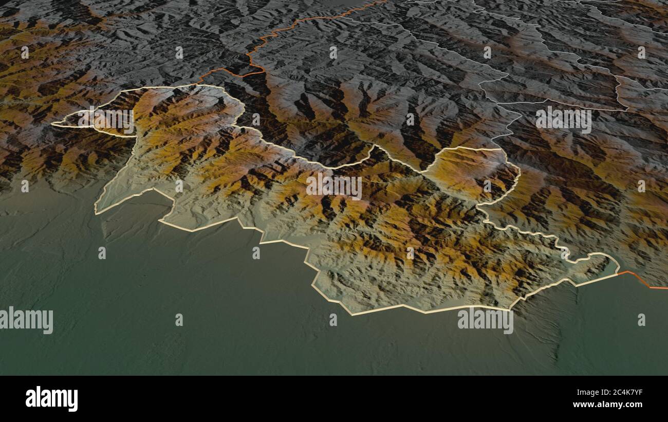 Zoom in on Samtse (district of Bhutan) outlined. Oblique perspective ...