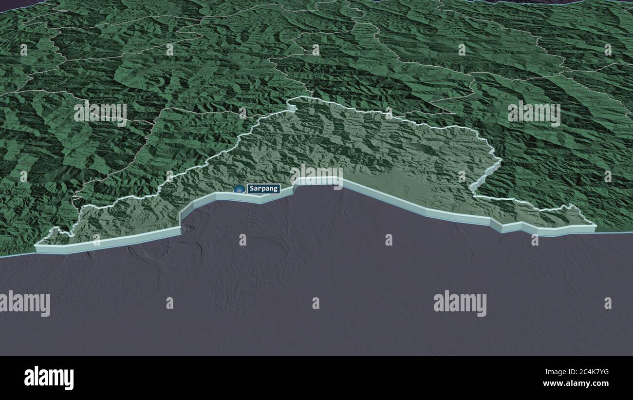 Zoom in on Sarpang (district of Bhutan) extruded. Oblique perspective ...