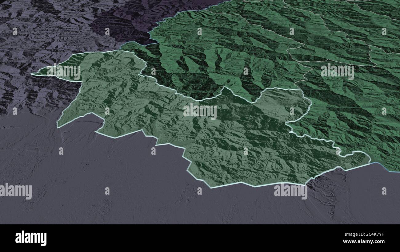 Zoom in on Samtse (district of Bhutan) outlined. Oblique perspective ...
