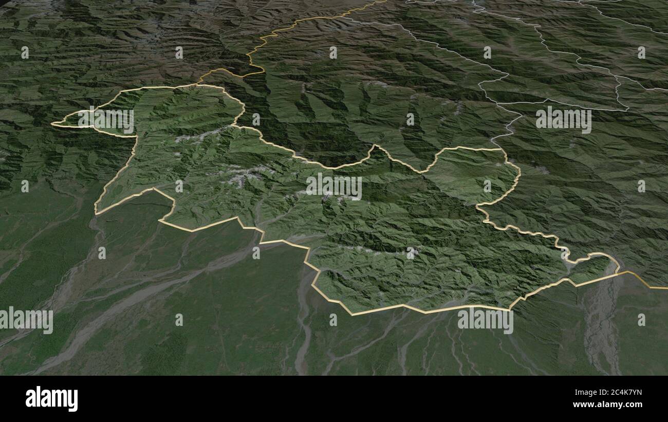 Zoom in on Samtse (district of Bhutan) outlined. Oblique perspective ...