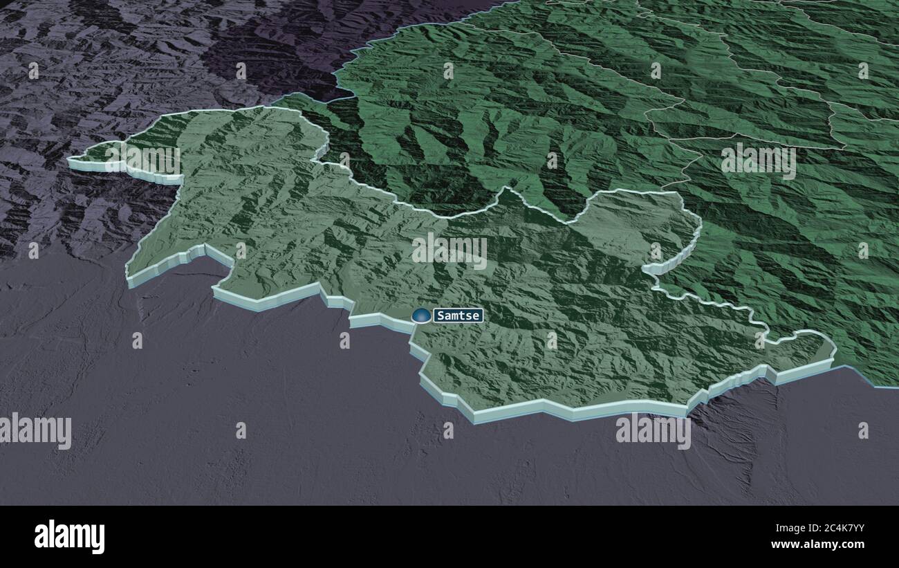 Zoom in on Samtse (district of Bhutan) extruded. Oblique perspective ...