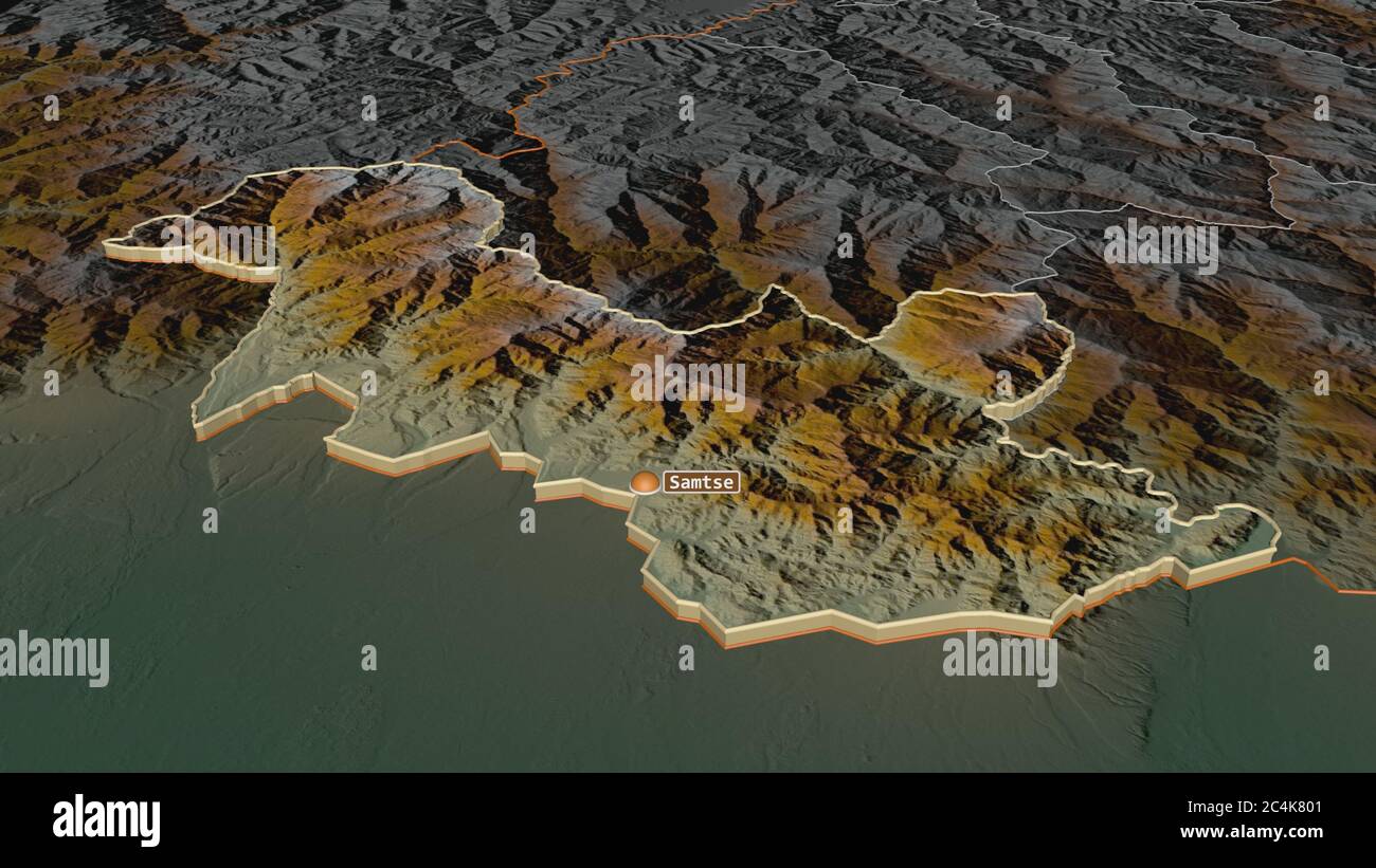 Zoom in on Samtse (district of Bhutan) extruded. Oblique perspective ...
