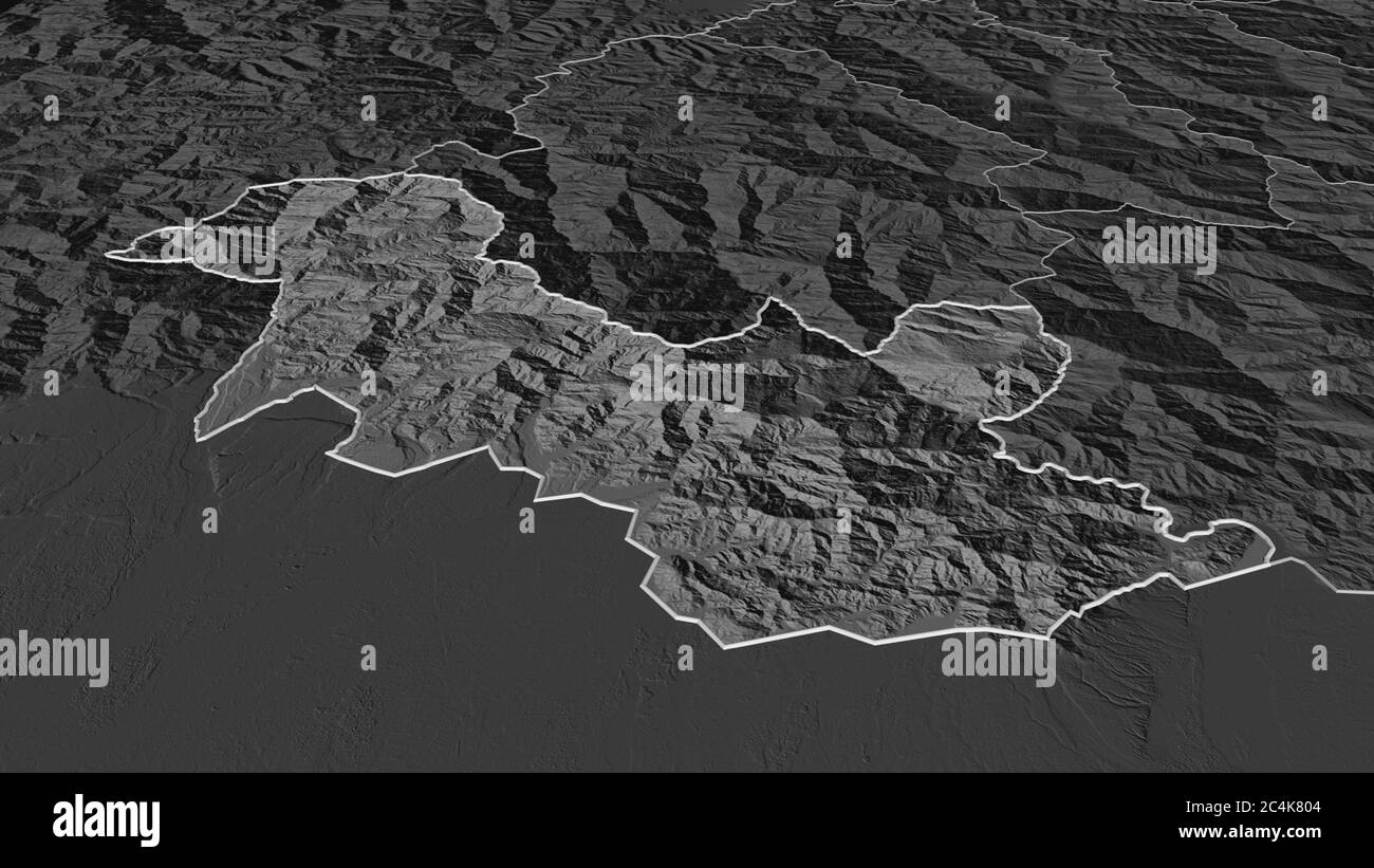 Zoom in on Samtse (district of Bhutan) outlined. Oblique perspective ...