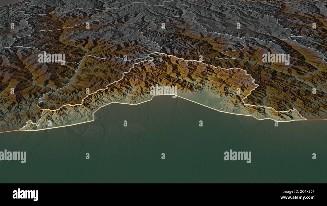 Zoom in on Sarpang (district of Bhutan) outlined. Oblique perspective ...