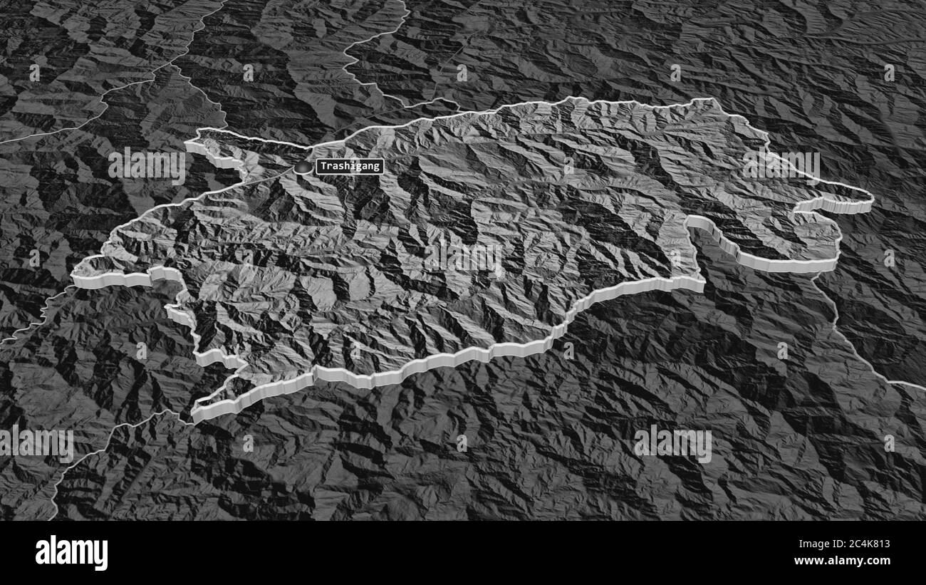 Zoom in on Trashigang (district of Bhutan) extruded. Oblique ...