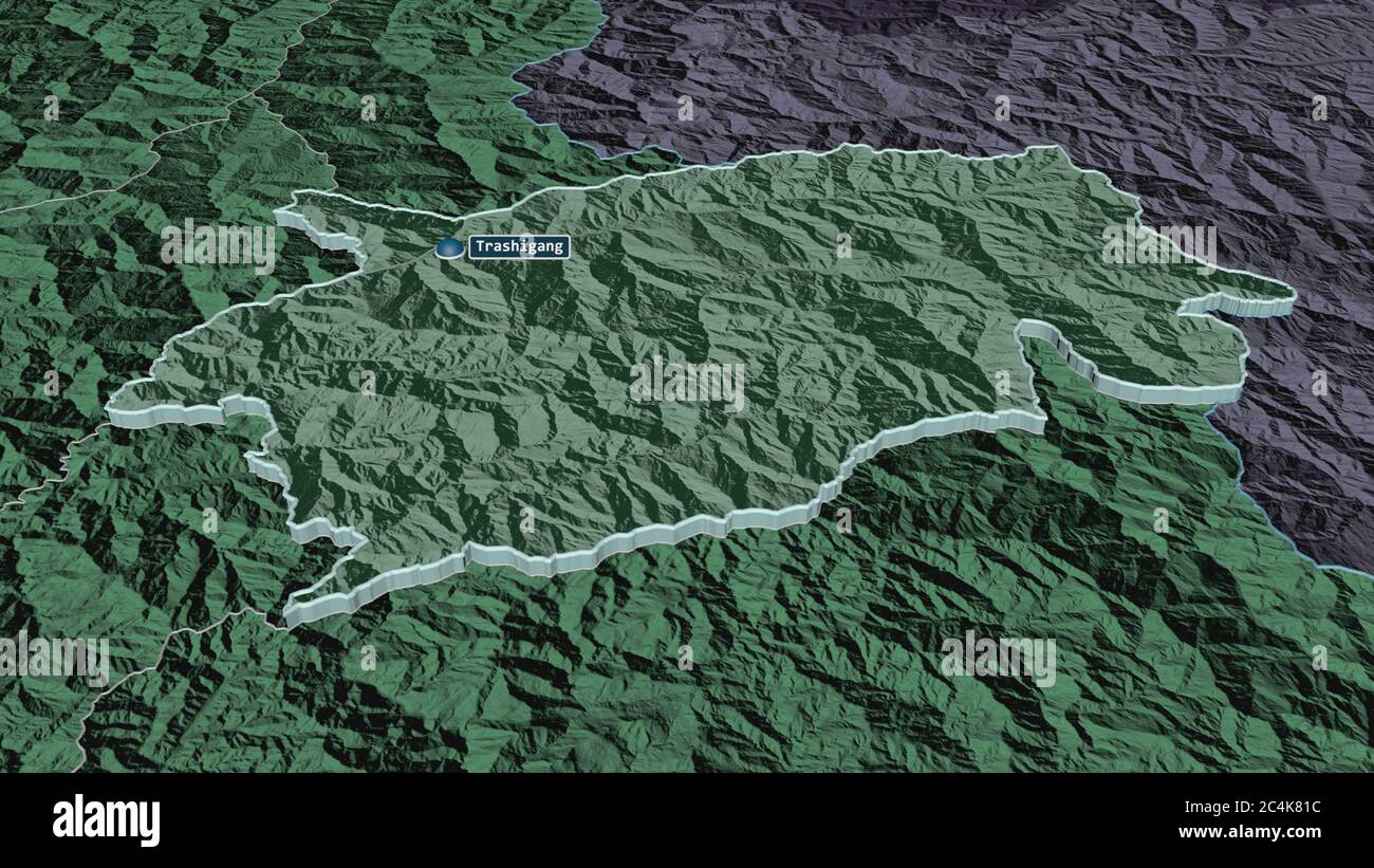 Zoom in on Trashigang (district of Bhutan) extruded. Oblique ...