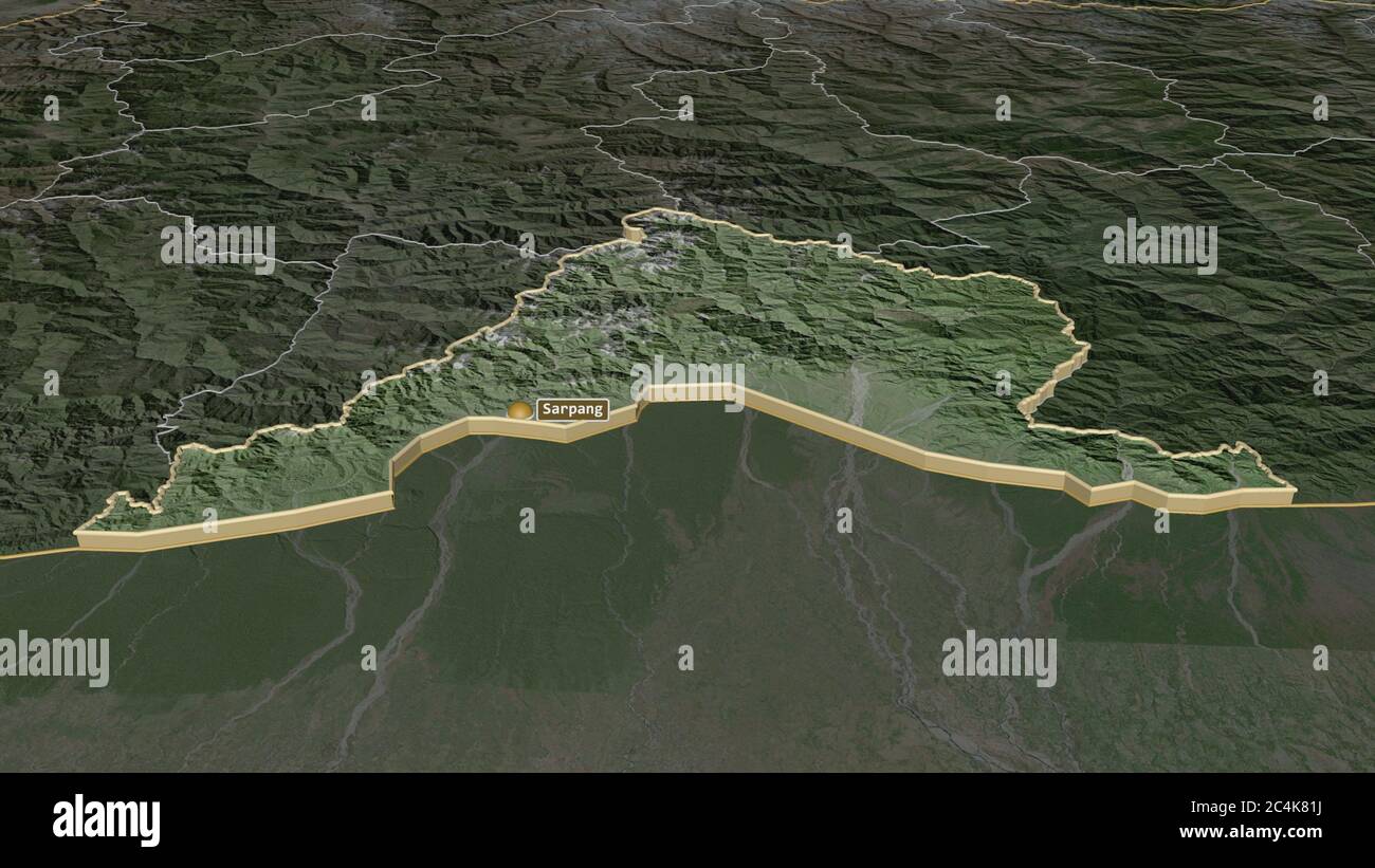 Zoom in on Sarpang (district of Bhutan) extruded. Oblique perspective ...