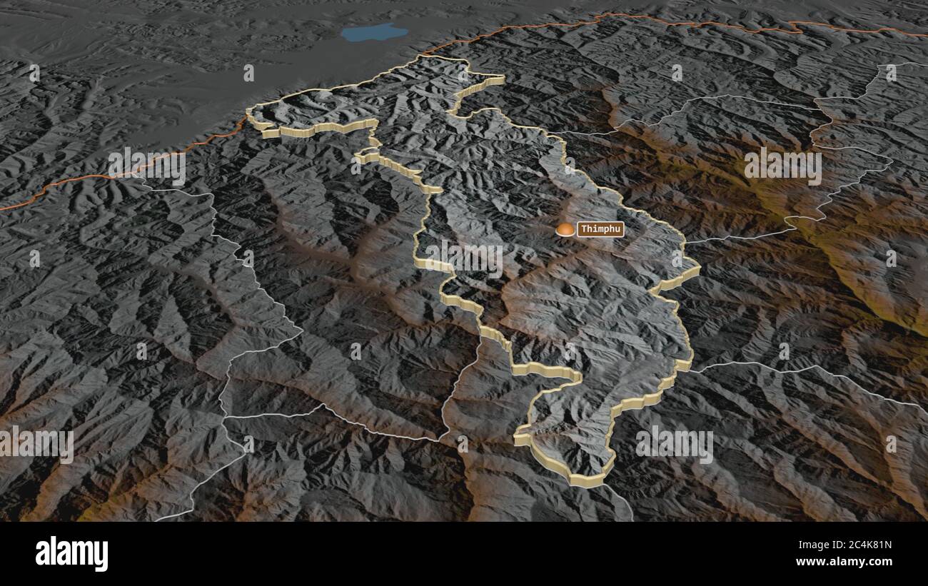 Zoom in on Thimphu (district of Bhutan) extruded. Oblique perspective ...
