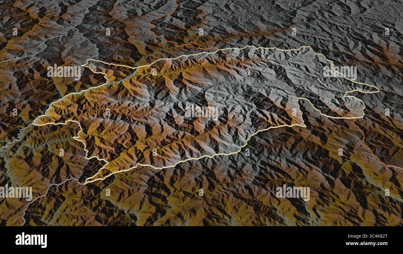 Zoom in on Trashigang (district of Bhutan) outlined. Oblique ...