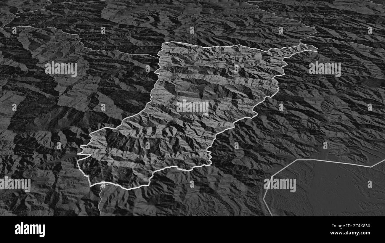 Zoom in on Tsirang (district of Bhutan) outlined. Oblique perspective ...