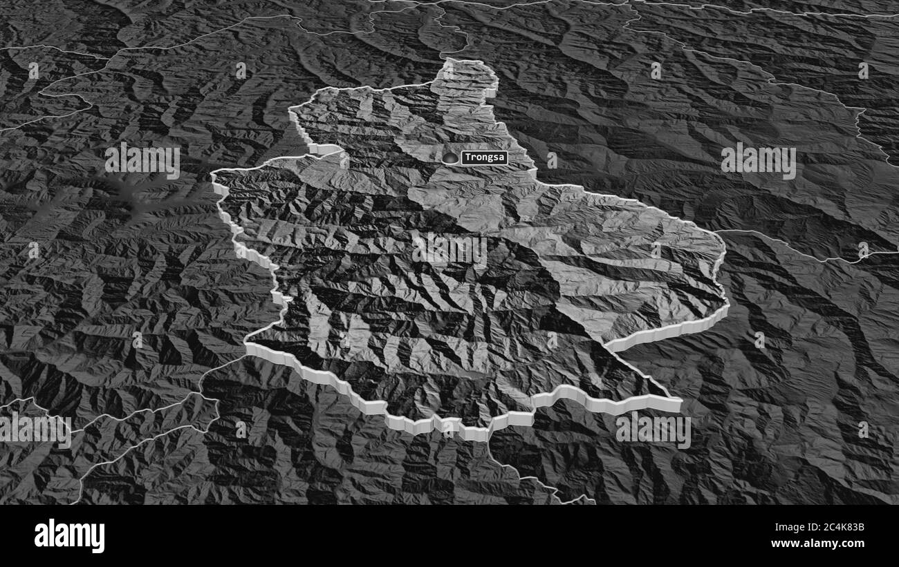 Zoom in on Trongsa (district of Bhutan) extruded. Oblique perspective ...