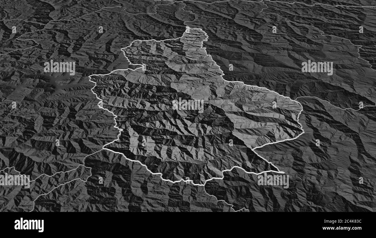 Zoom in on Trongsa (district of Bhutan) outlined. Oblique perspective ...
