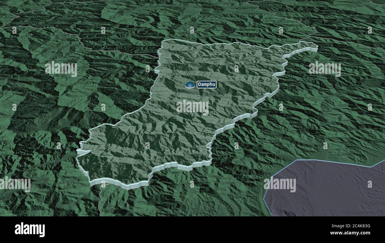 Zoom in on Tsirang (district of Bhutan) extruded. Oblique perspective ...