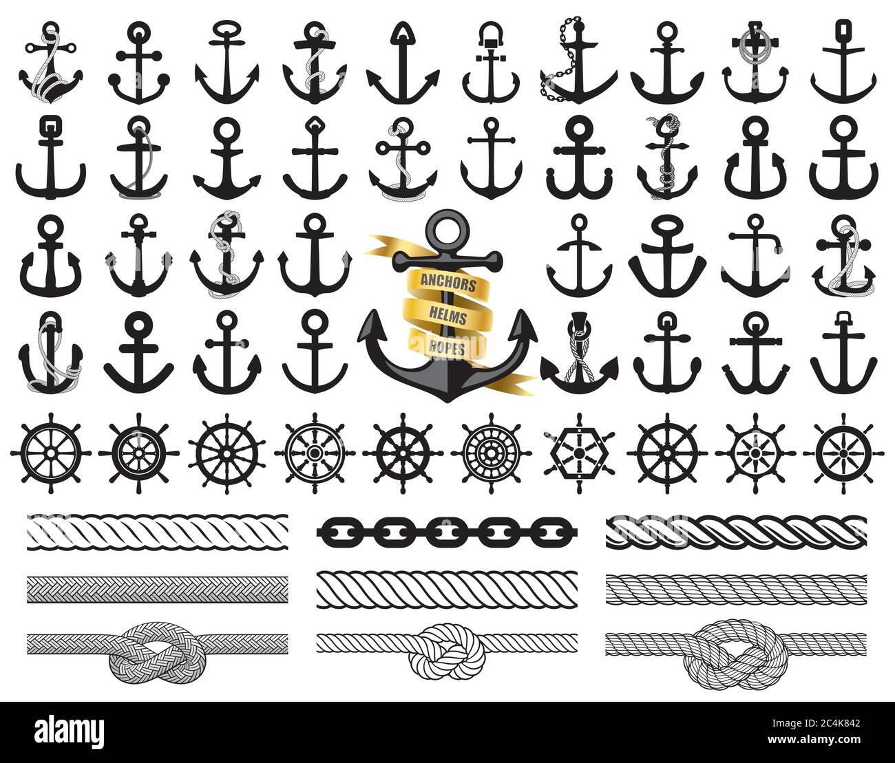 Set of anchors, rudders icons, and ropes. Vector illustration Stock ...