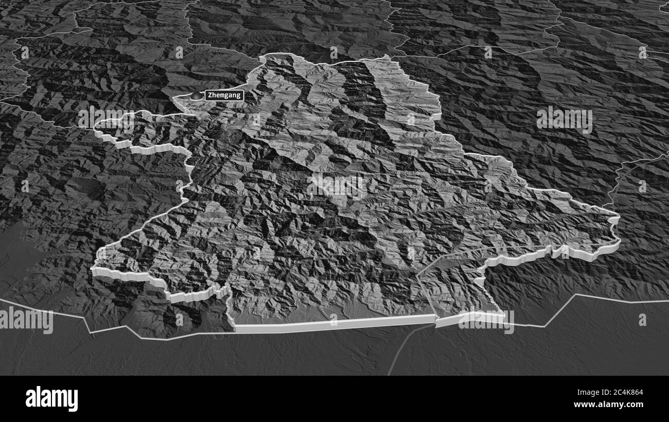Zoom in on Zhemgang (district of Bhutan) extruded. Oblique perspective ...