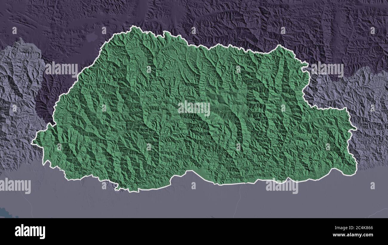 Outlined shape of the Bhutan area. Colored and bumped map of the ...