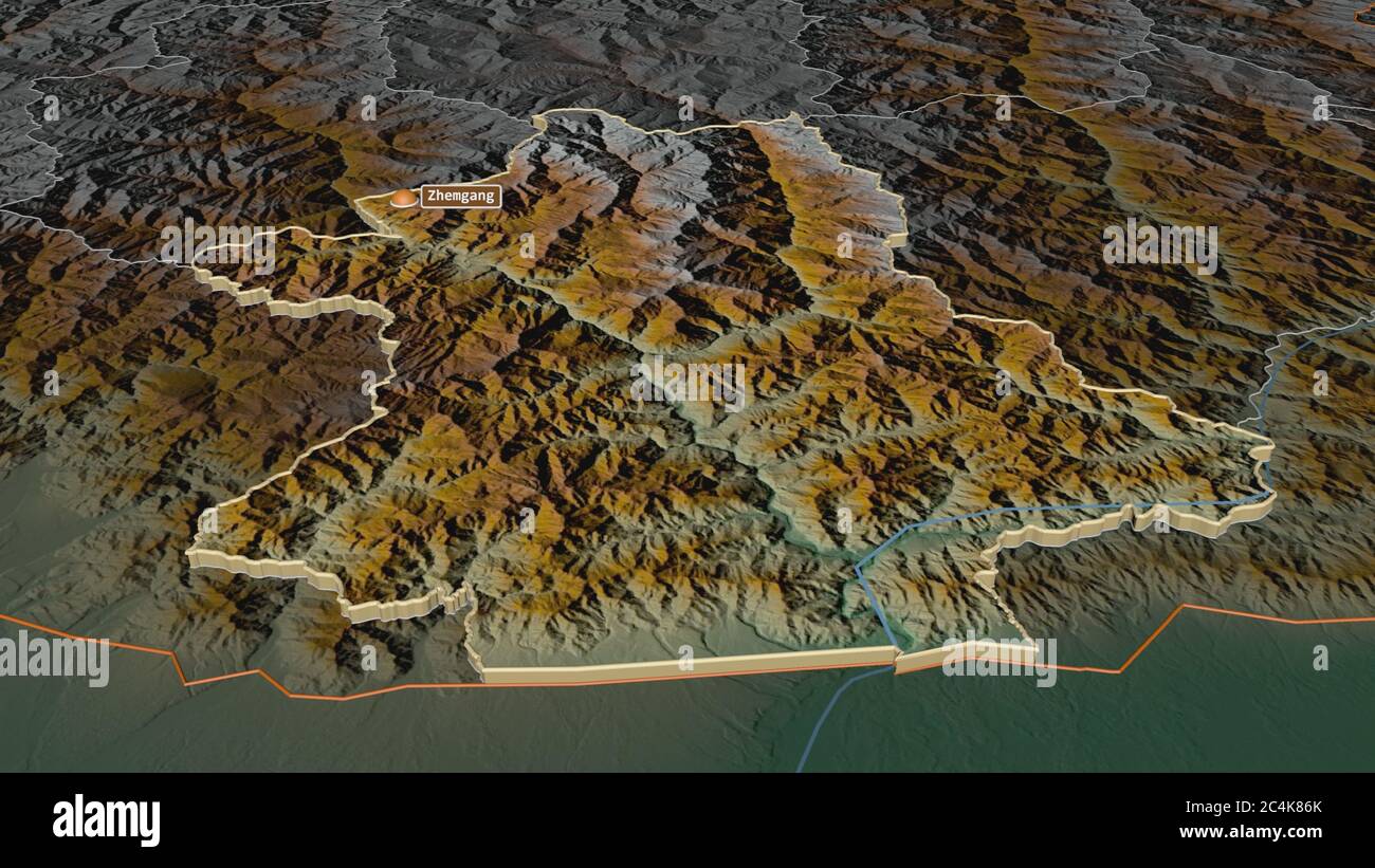 Zoom in on Zhemgang (district of Bhutan) extruded. Oblique perspective ...