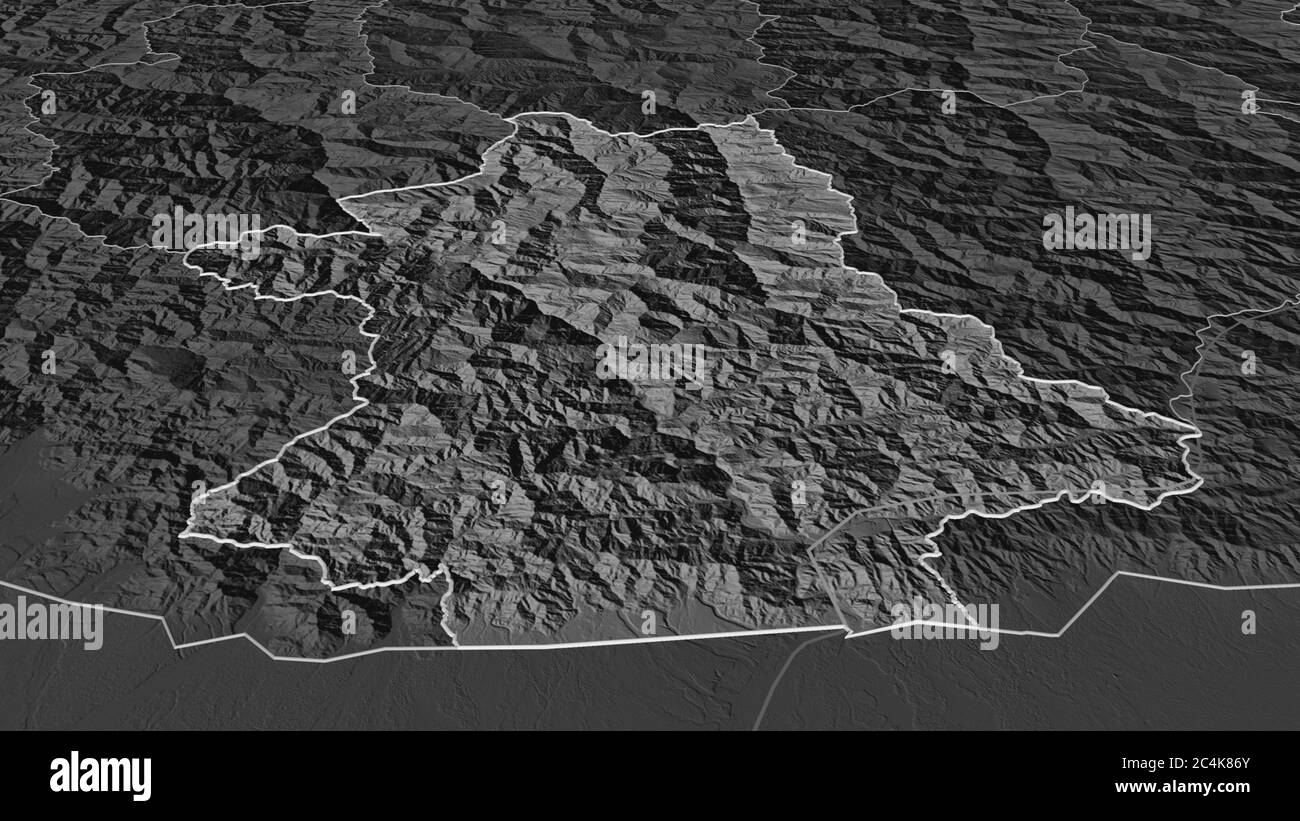 Zoom in on Zhemgang (district of Bhutan) outlined. Oblique perspective ...