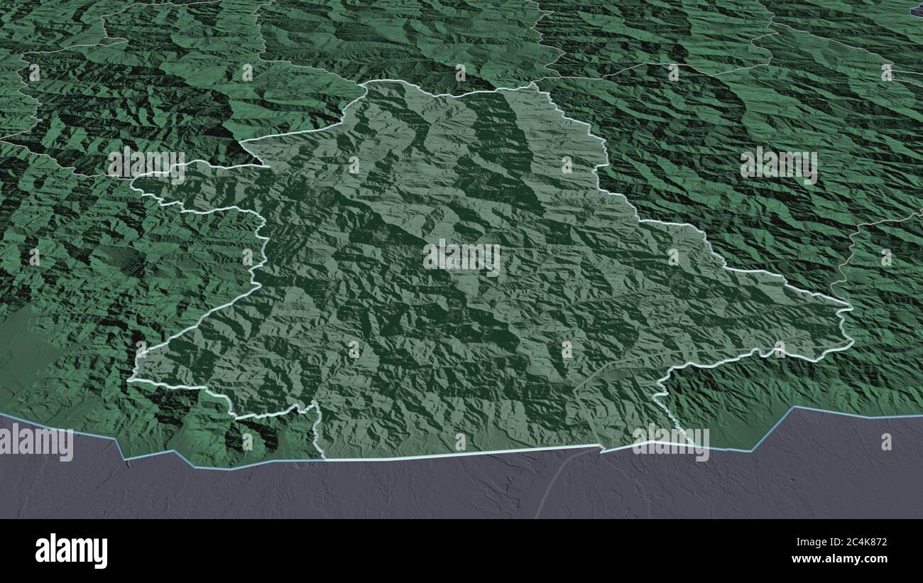 Zoom in on Zhemgang (district of Bhutan) outlined. Oblique perspective ...
