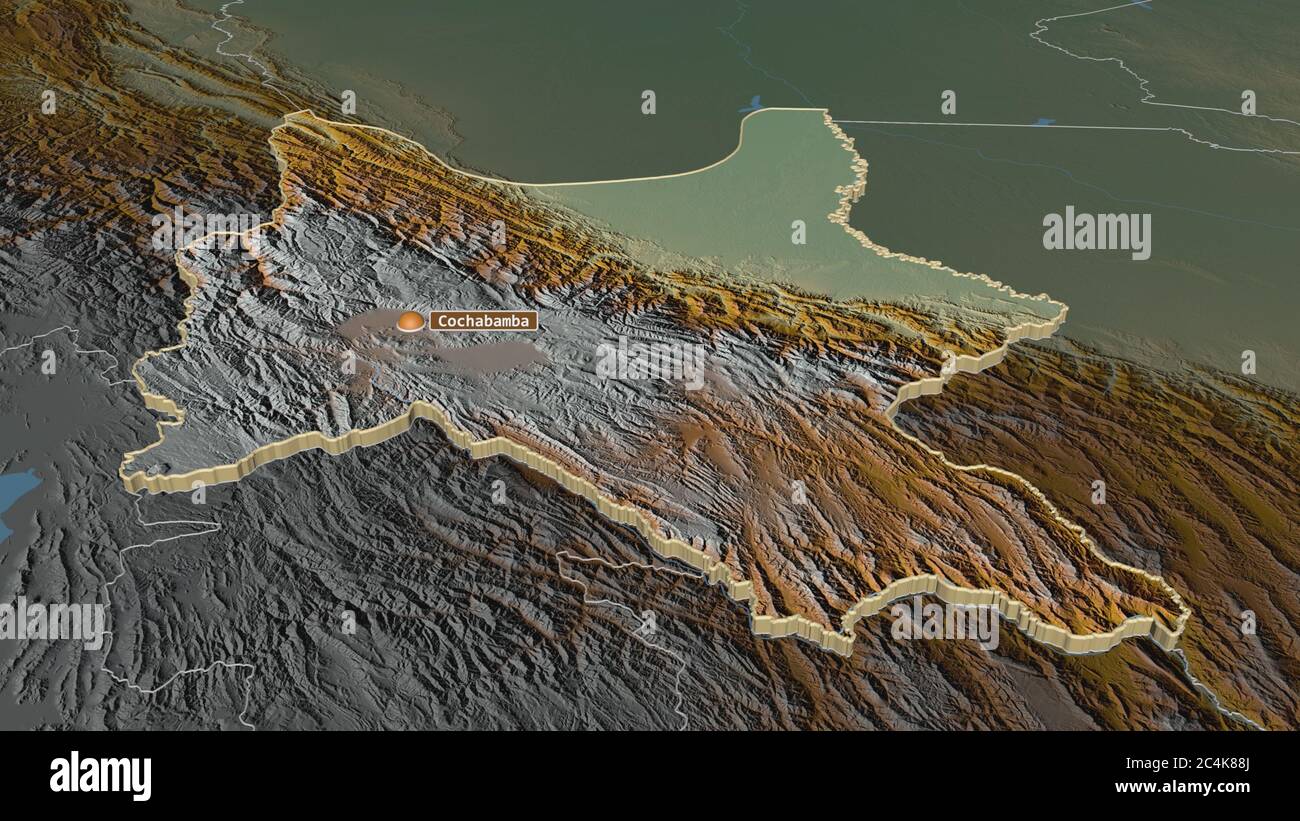 Zoom in on Cochabamba (department of Bolivia) extruded. Oblique ...