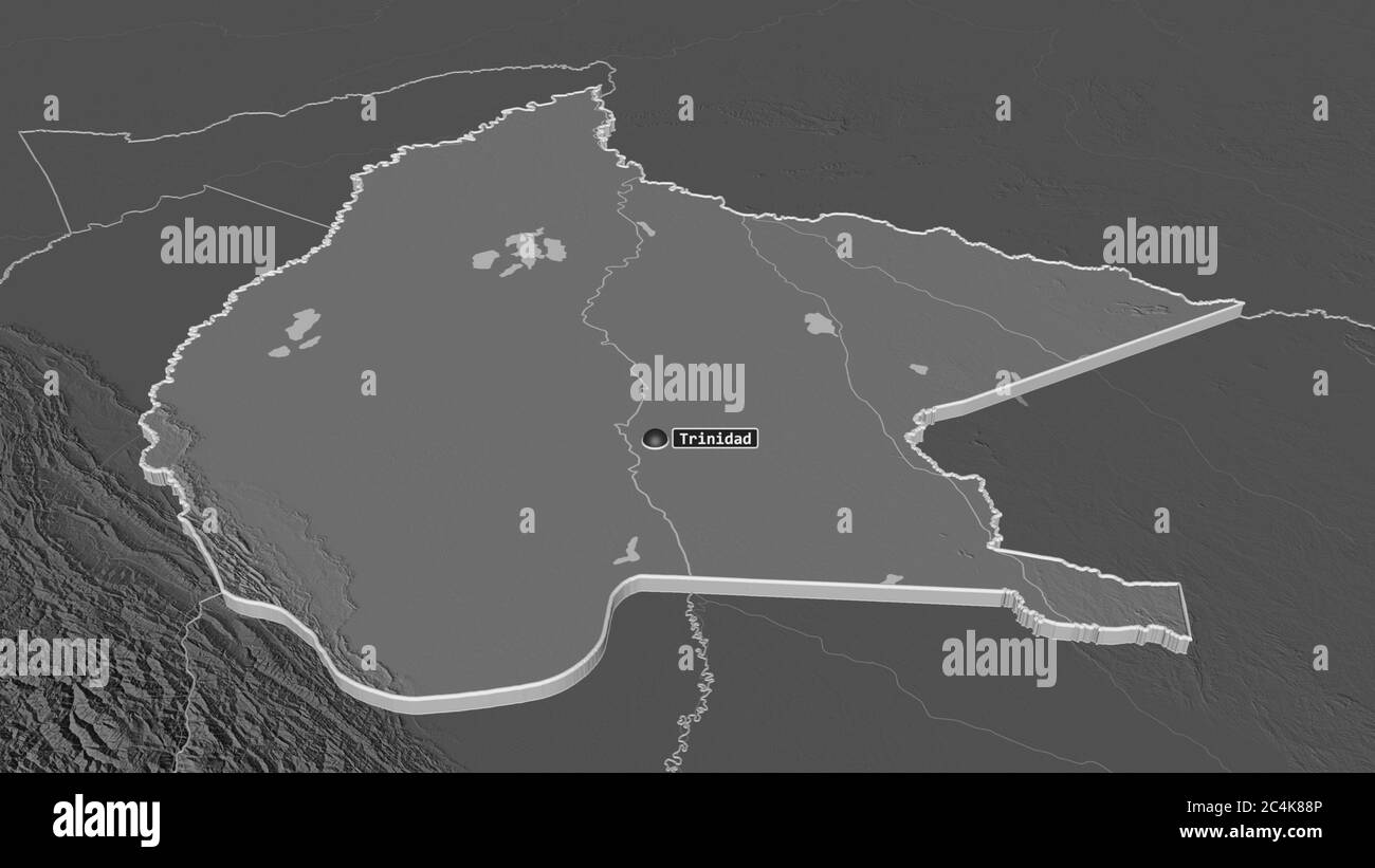 Zoom in on El Beni (department of Bolivia) extruded. Oblique ...