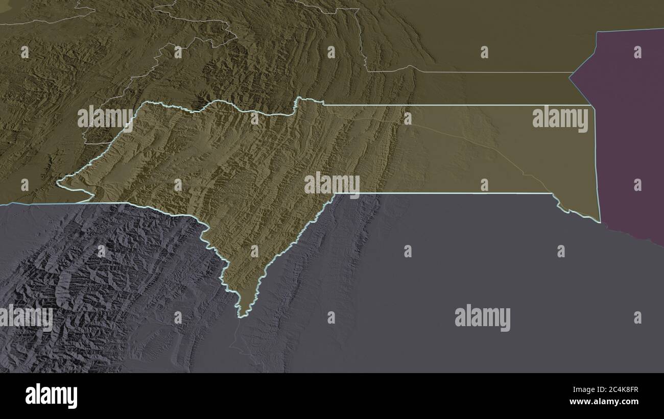 Zoom in on Tarija (department of Bolivia) outlined. Oblique perspective ...