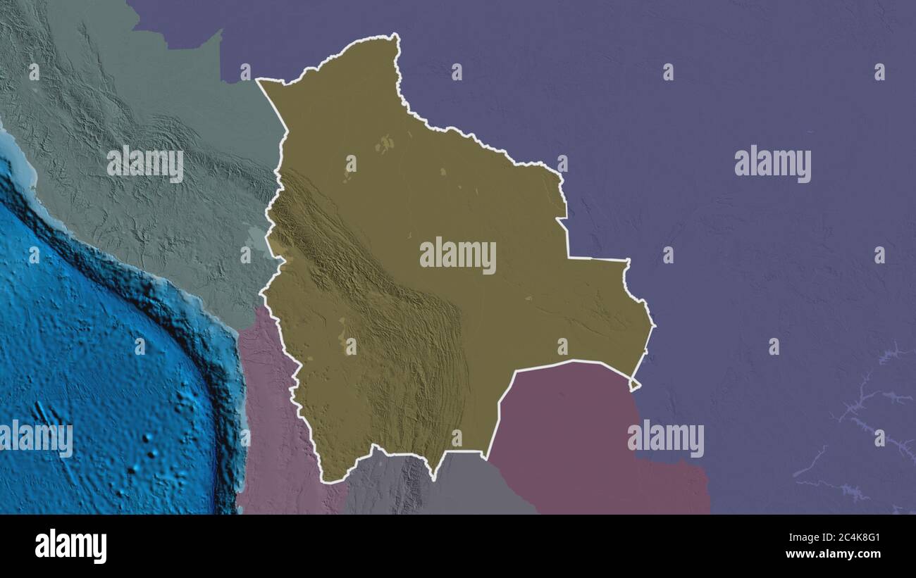 Outlined shape of the Bolivia area. Colored and bumped map of the ...