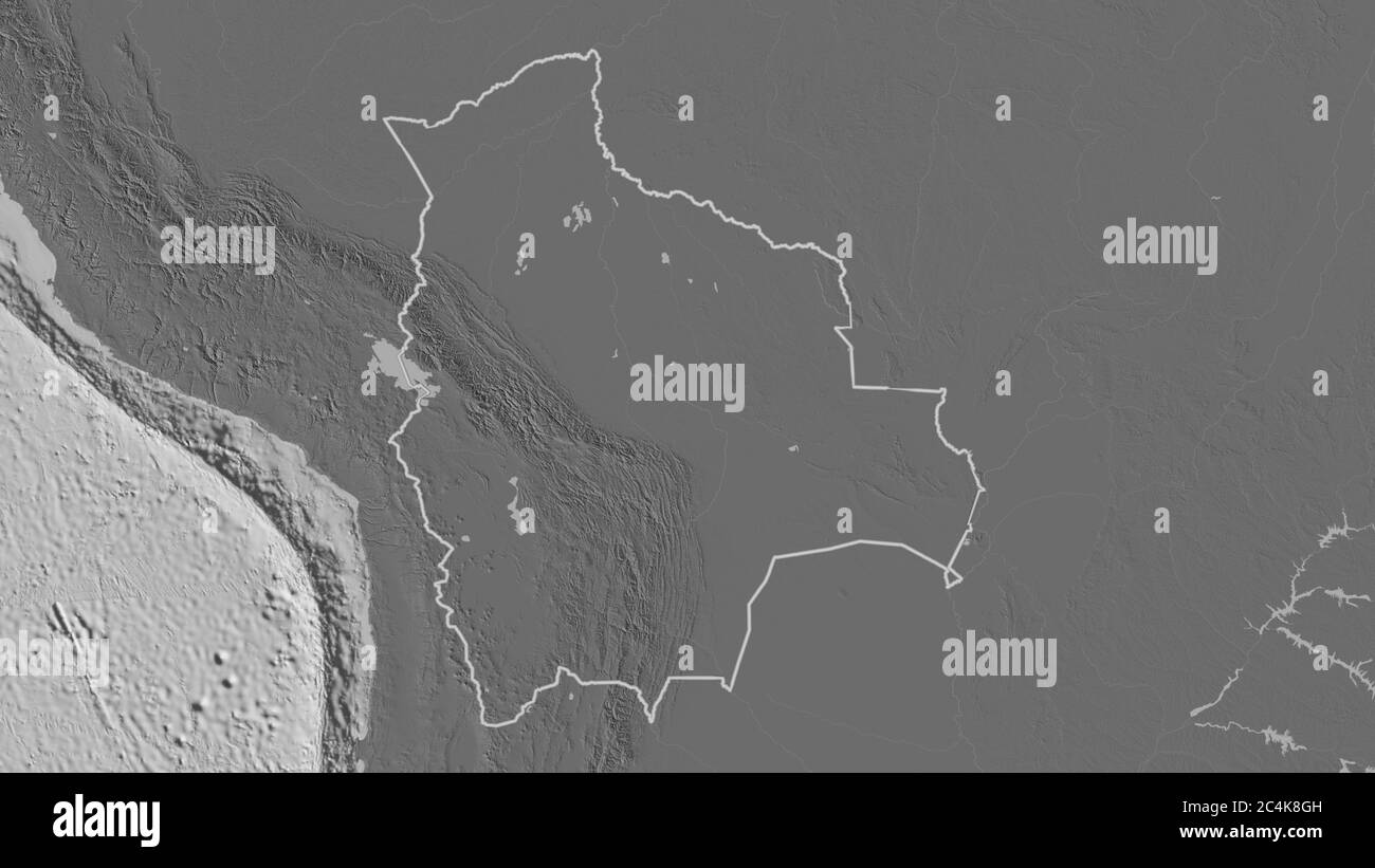 Outlined shape of the Bolivia area. Bilevel elevation map with surface ...