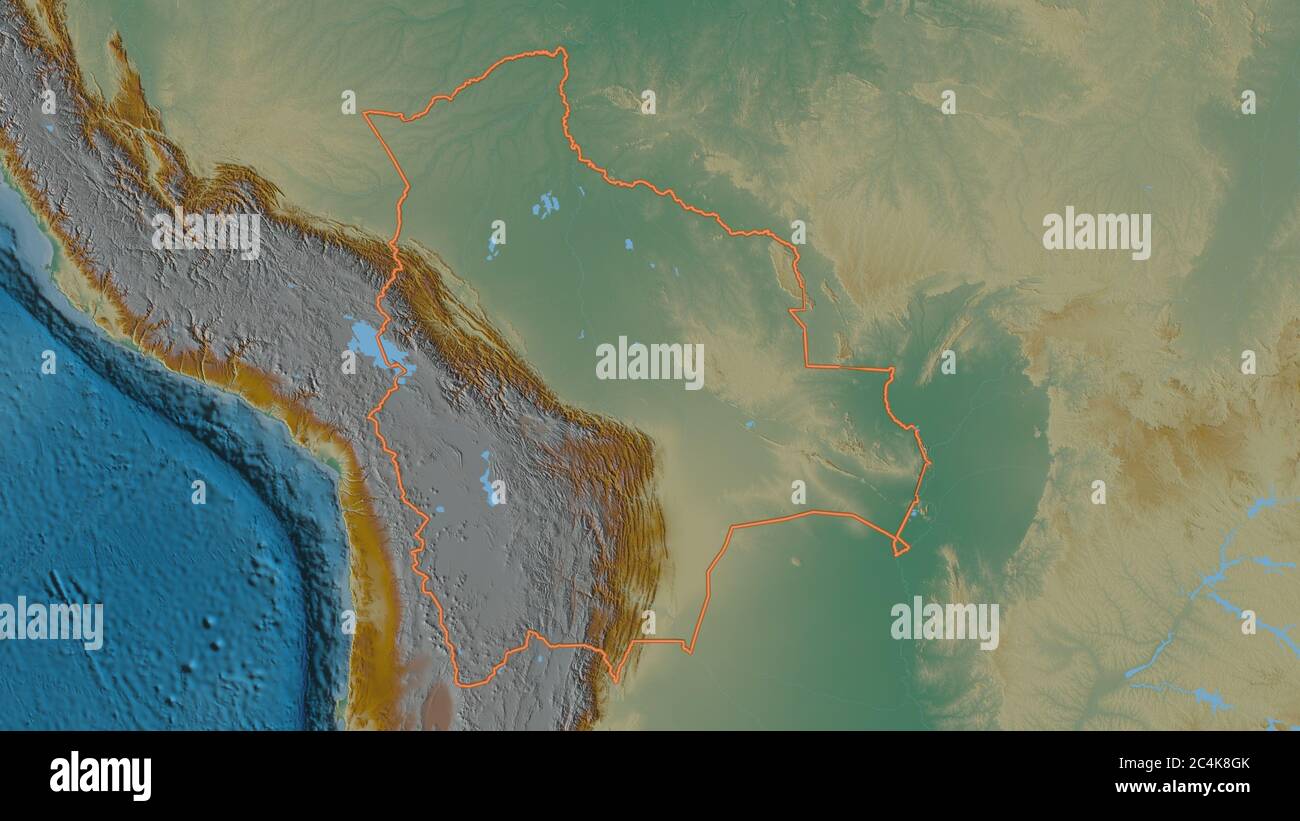 Outlined shape of the Bolivia area. Topographic relief map with surface ...