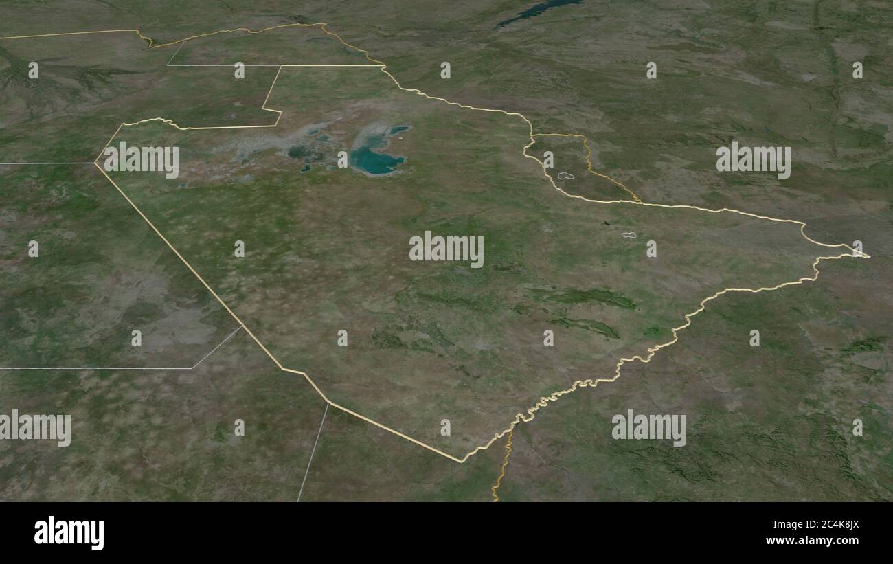 Zoom in on Central (district of Botswana) outlined. Oblique perspective ...