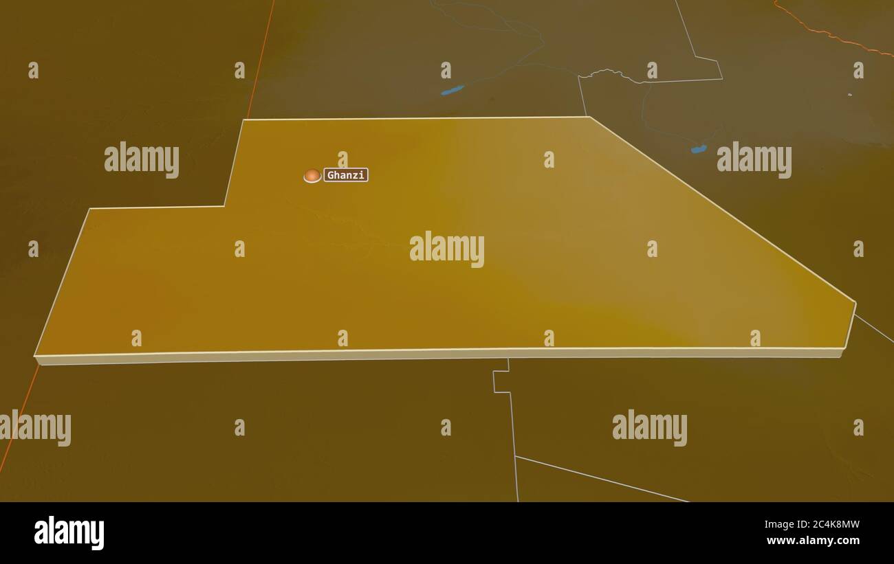 Zoom in on Ghanzi (district of Botswana) extruded. Oblique perspective ...