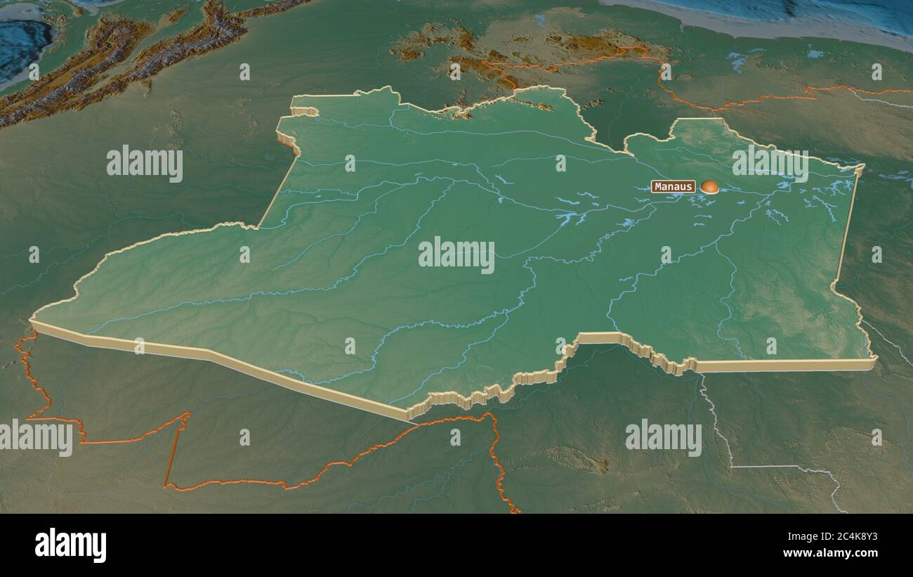 Zoom in on Amazonas (state of Brazil) extruded. Oblique perspective ...