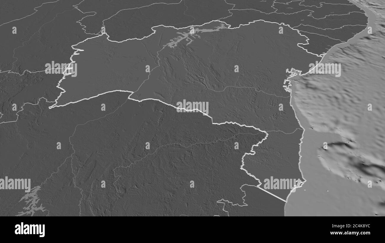 Zoom in on Bahia (state of Brazil) outlined. Oblique perspective ...