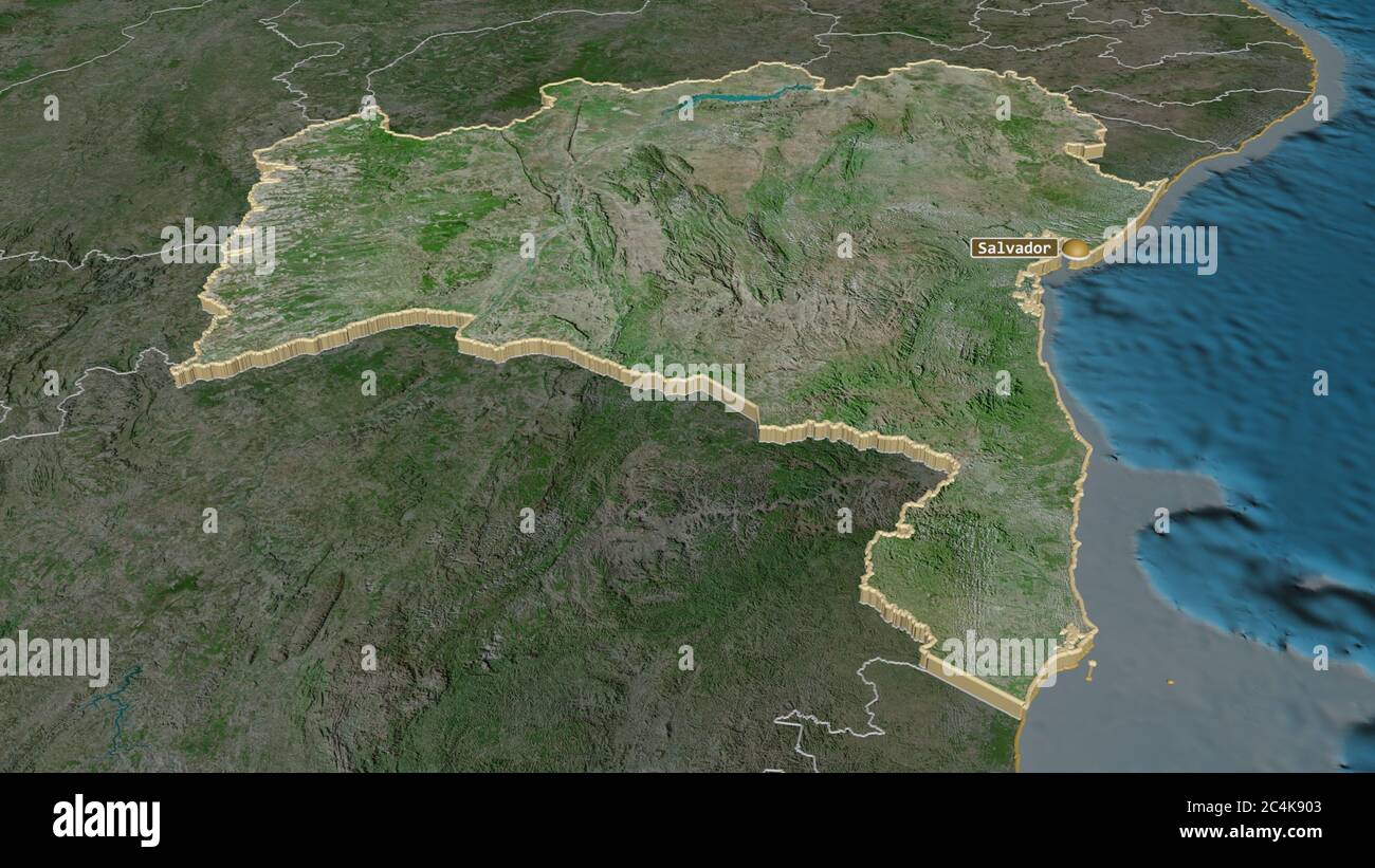 Zoom in on Bahia (state of Brazil) extruded. Oblique perspective ...