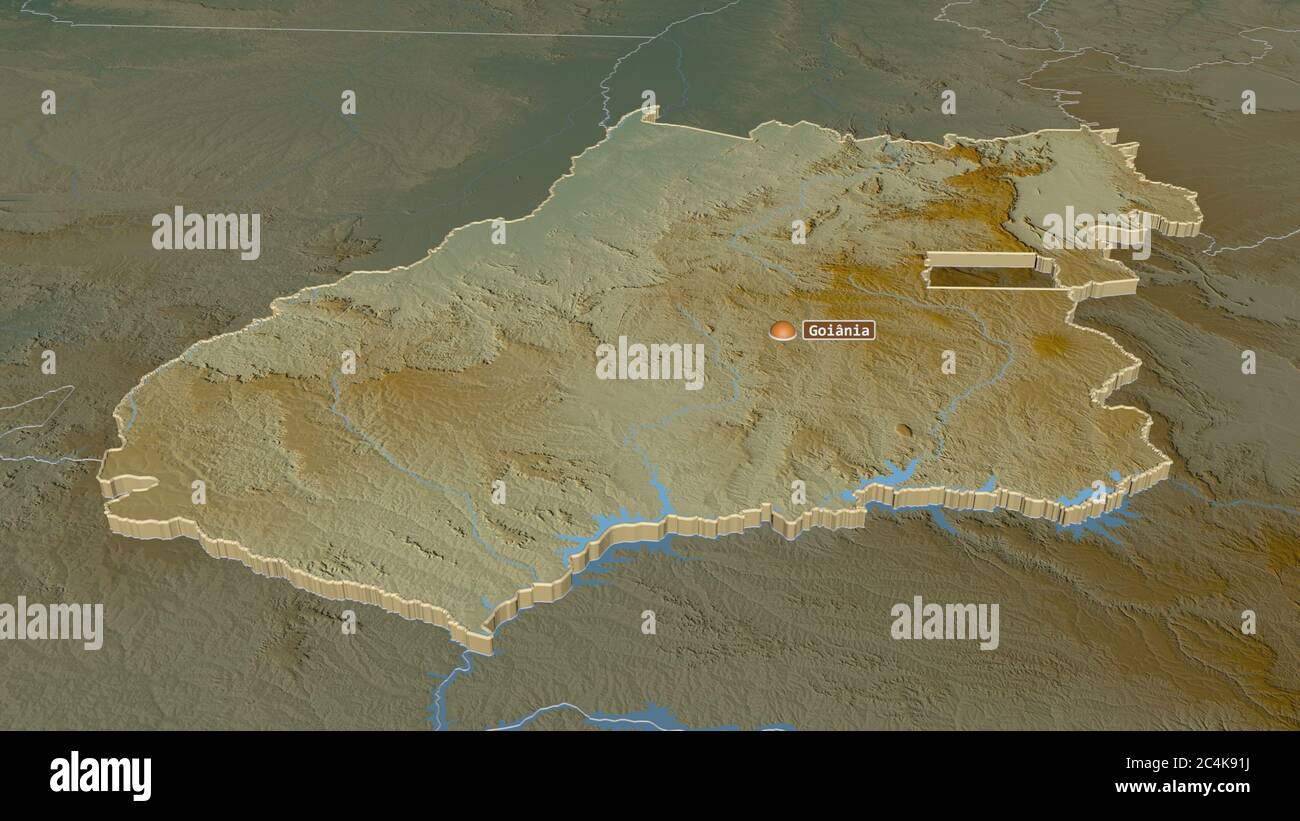 Zoom in on Goiás (state of Brazil) extruded. Oblique perspective ...