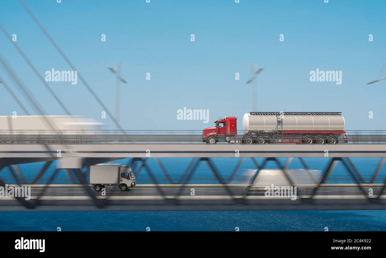 Side View of Double Decker Bridge with Commercial Vehicles Stock Photo ...