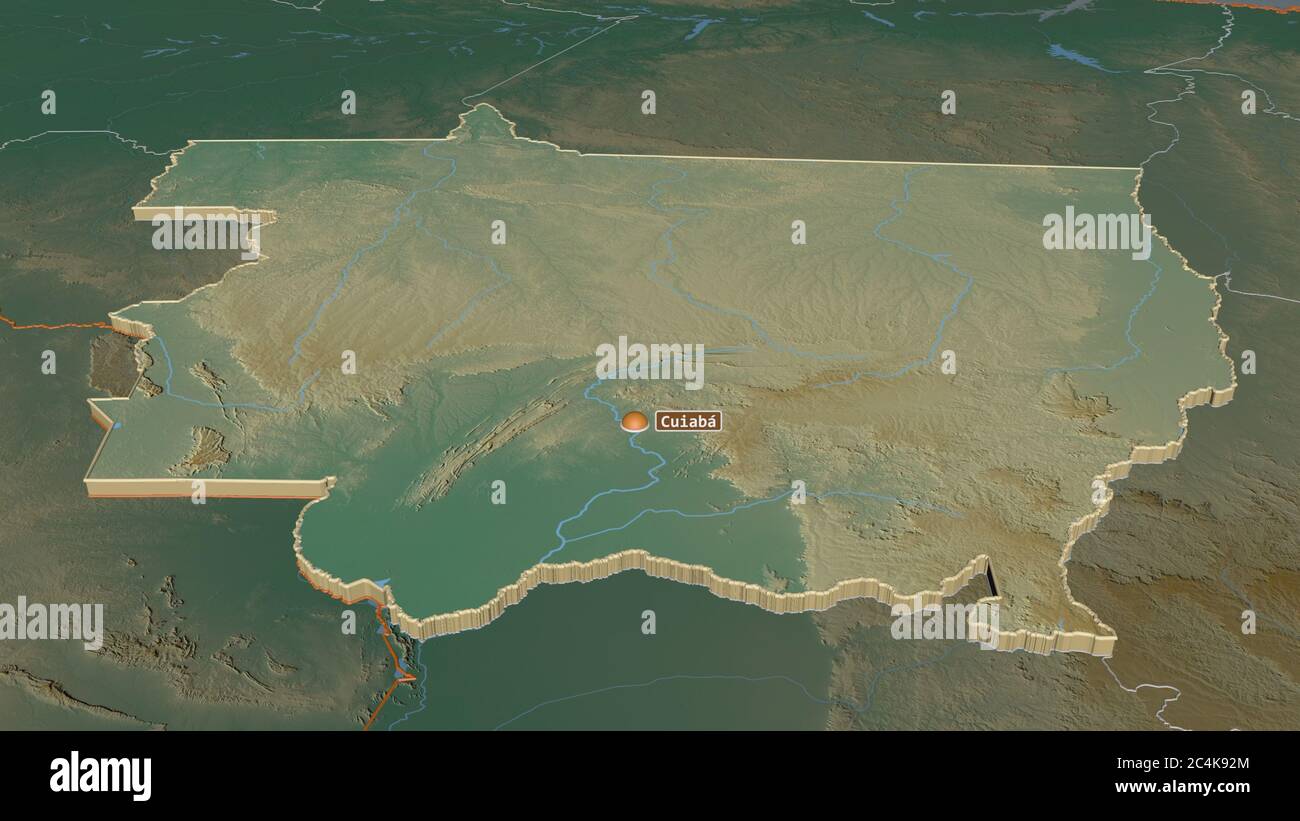 Zoom in on Mato Grosso (state of Brazil) extruded. Oblique perspective ...