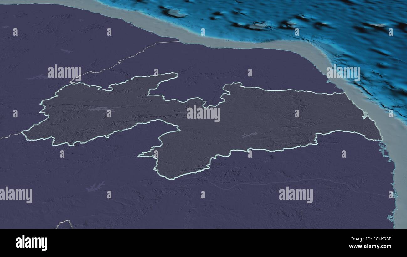 Zoom in on Paraíba (state of Brazil) outlined. Oblique perspective ...