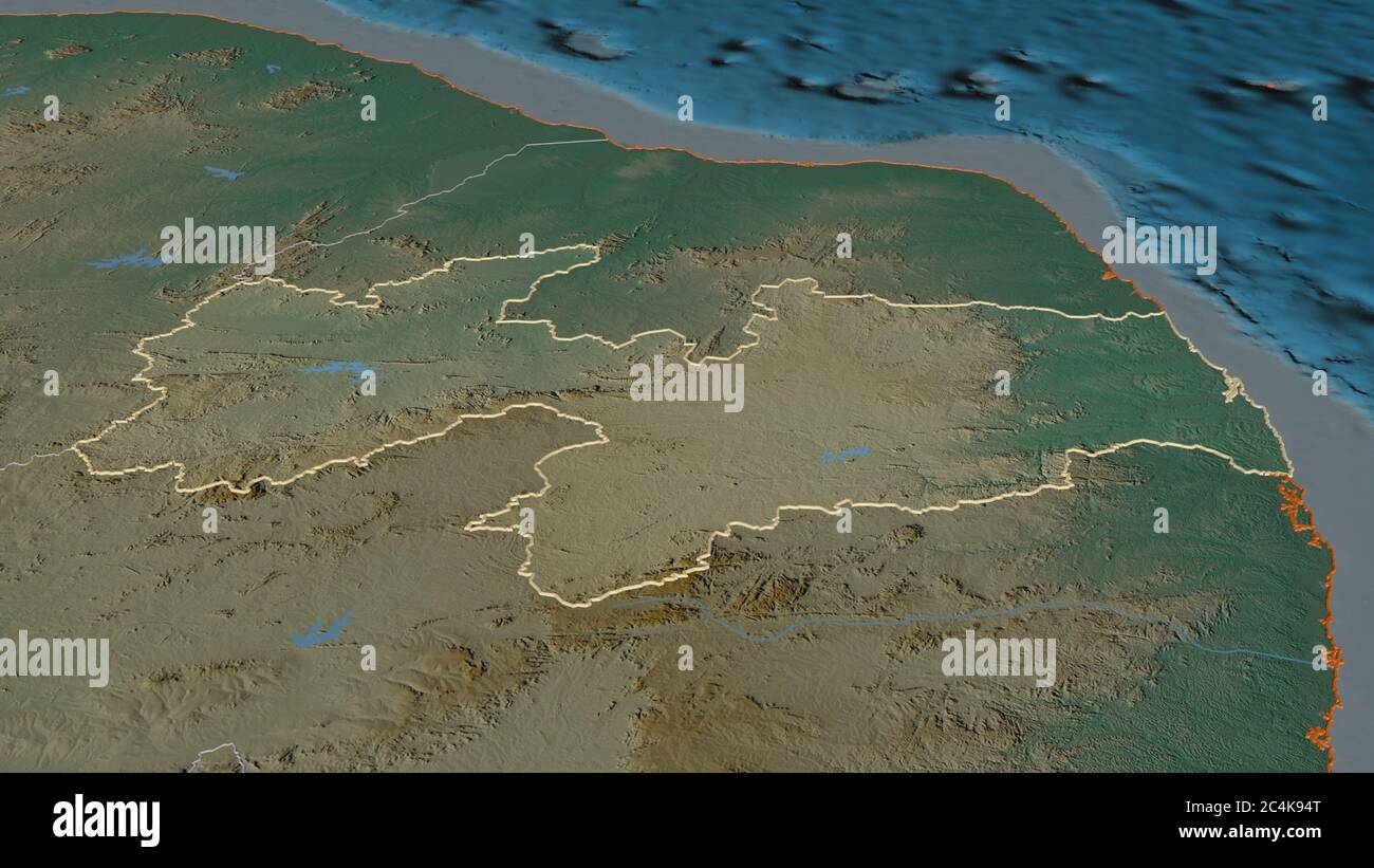 Zoom in on Paraíba (state of Brazil) outlined. Oblique perspective ...