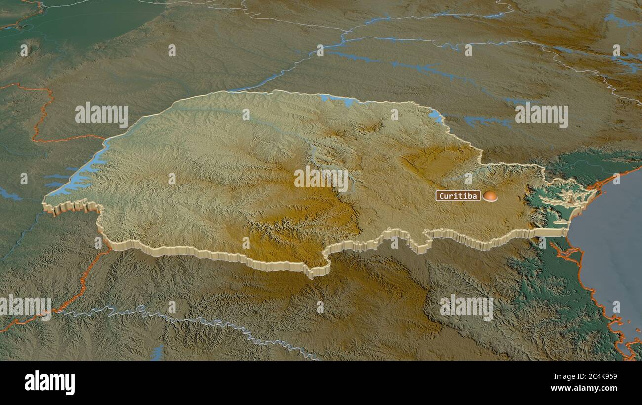 Zoom in on Paraná (state of Brazil) extruded. Oblique perspective ...