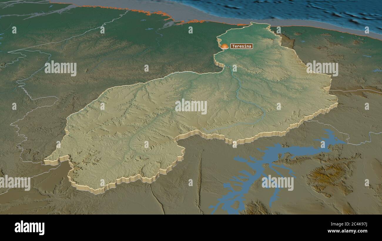 Zoom in on Piauí (state of Brazil) extruded. Oblique perspective ...