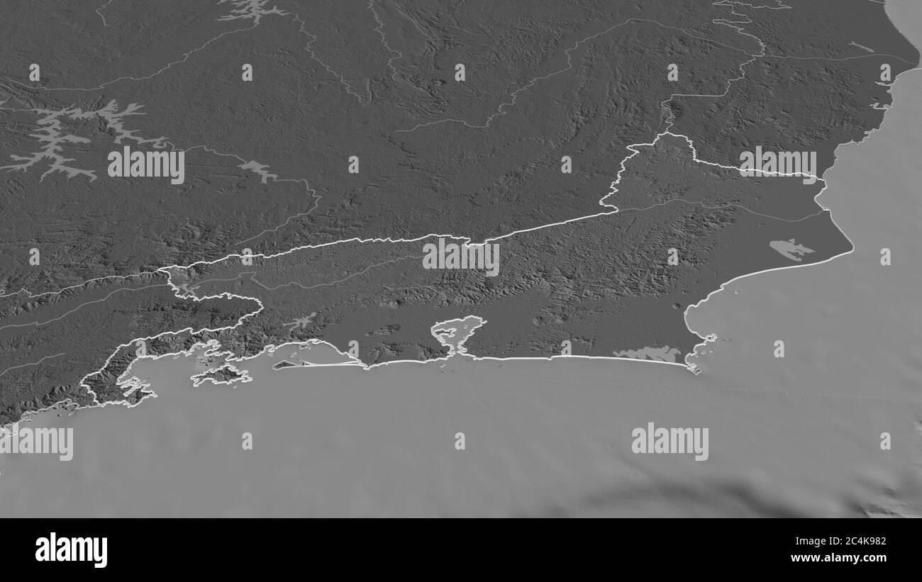 Zoom in on Rio de Janeiro (state of Brazil) outlined. Oblique ...