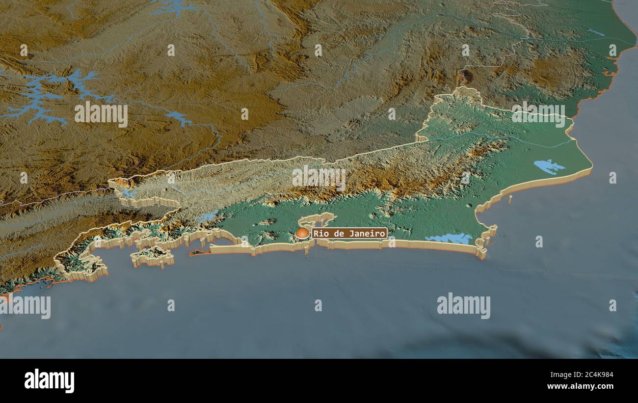 Zoom in on Rio de Janeiro (state of Brazil) extruded. Oblique ...