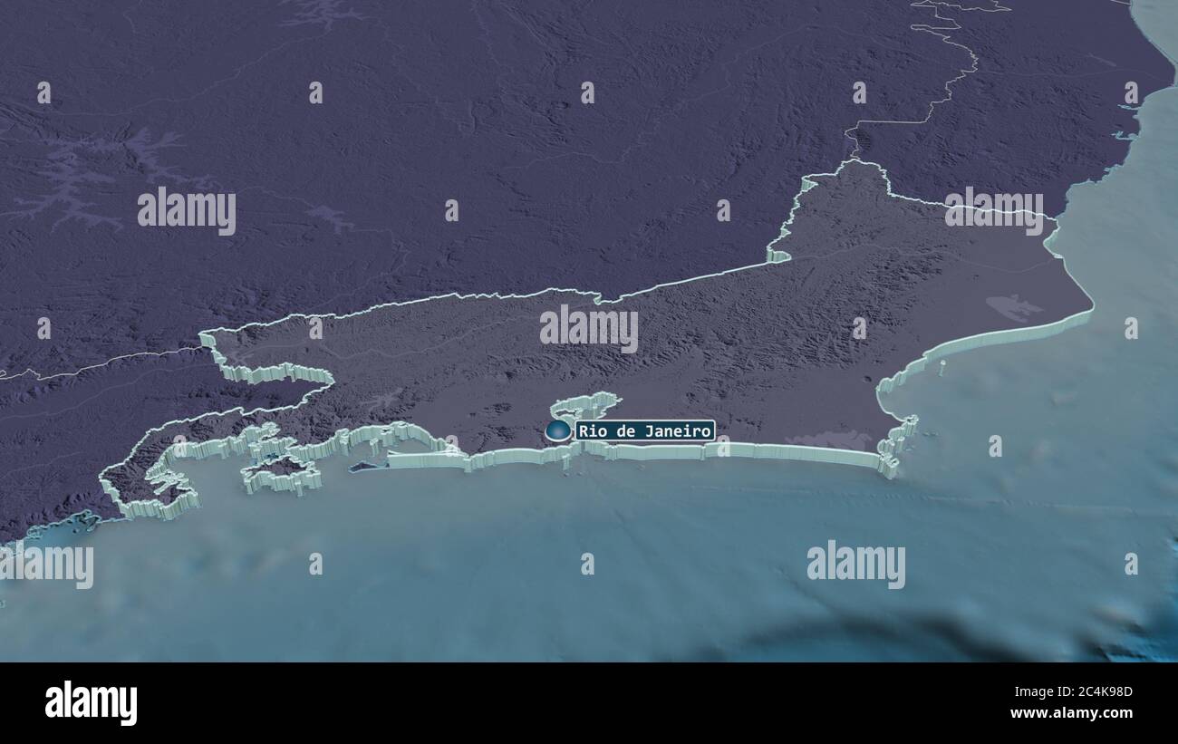 Zoom in on Rio de Janeiro (state of Brazil) extruded. Oblique ...