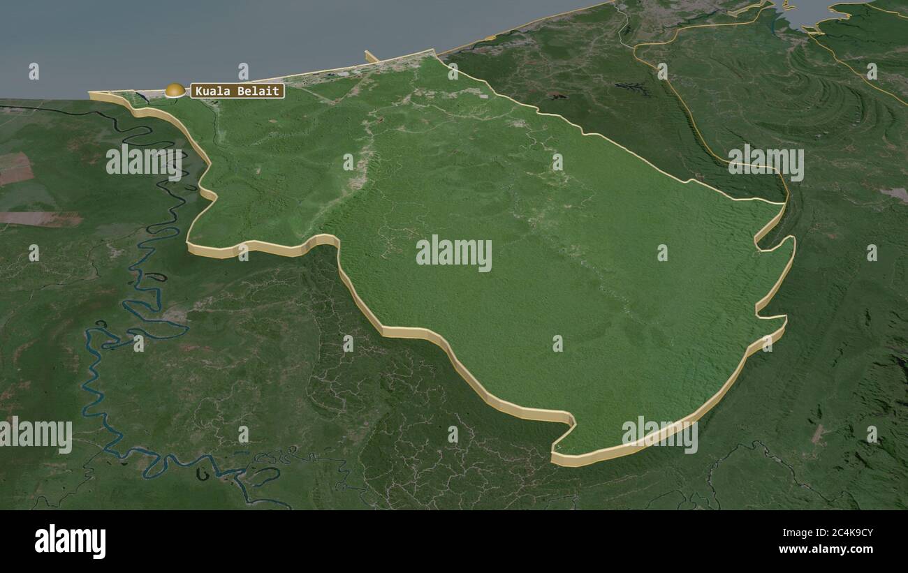 Zoom in on Belait (district of Brunei) extruded. Oblique perspective ...