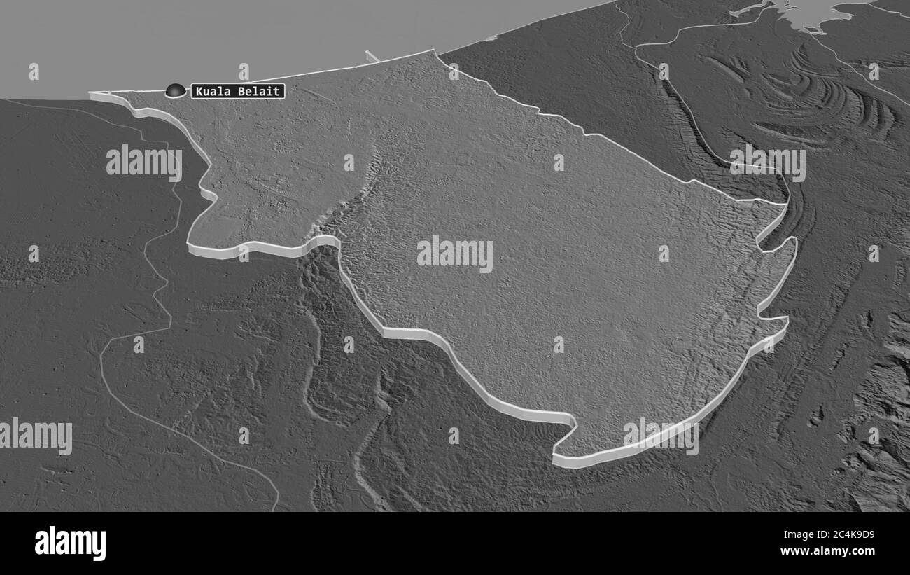 Zoom in on Belait (district of Brunei) extruded. Oblique perspective ...